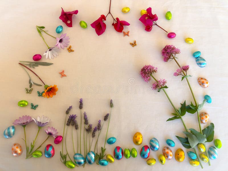 Spring Background, Flowers and Easter Eggs in a Frame Shape Stock Photo ...