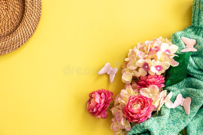 Spring Background with Flowers and Knitted Element, Flat Lay. Stock ...
