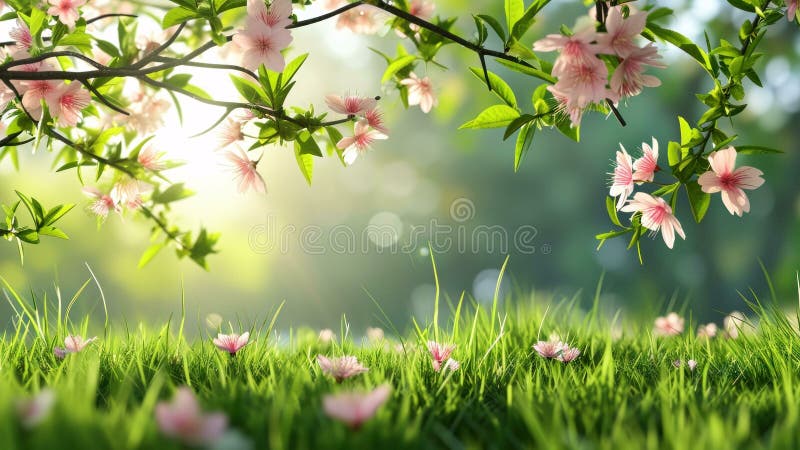 Spring Background with Grass and Flowers Spring Background with Leaves ...