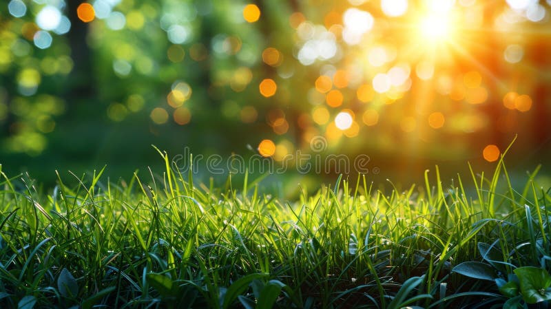 Spring Background with Green Grass and Blurred Sun Rays on Bokeh Stock ...