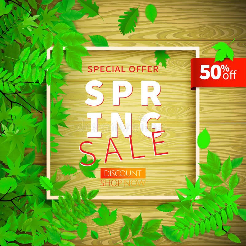 Spring Background with Green Leaves and Frame on Trendy Geometric ...