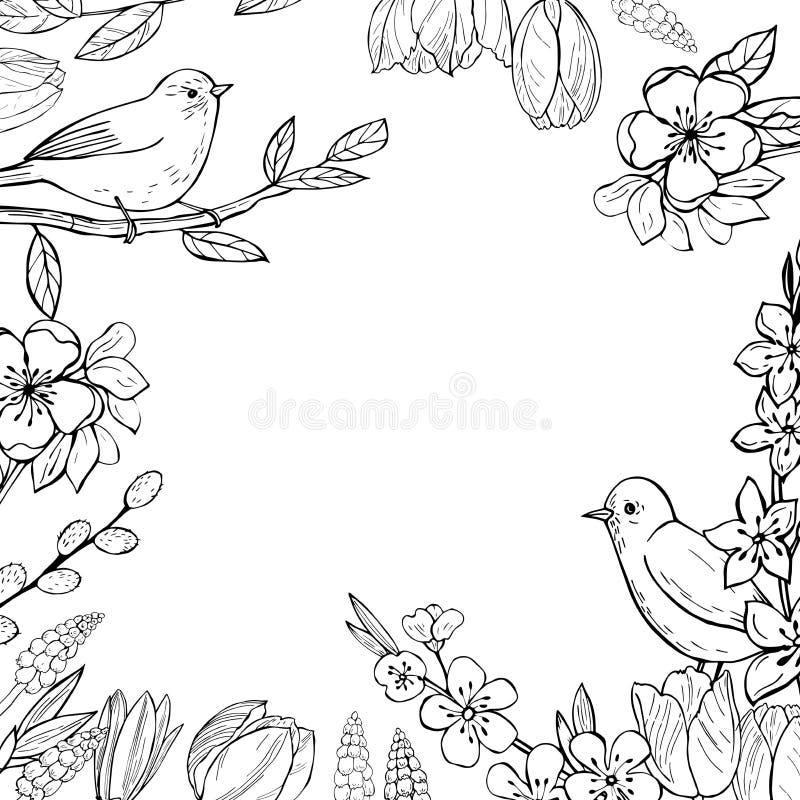 Spring Background with Hand Drawn Birds and Flowers.Vector Sketch ...