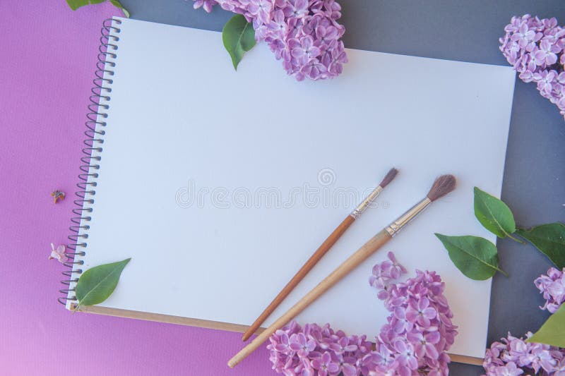 Spring Background Mockup with Empty White Space Drawing Notebook with ...