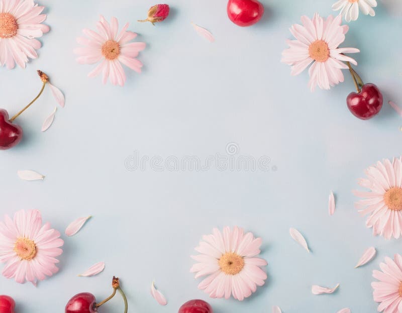 Spring Background with Petals and Flowers and Butterfly. Top Down View ...