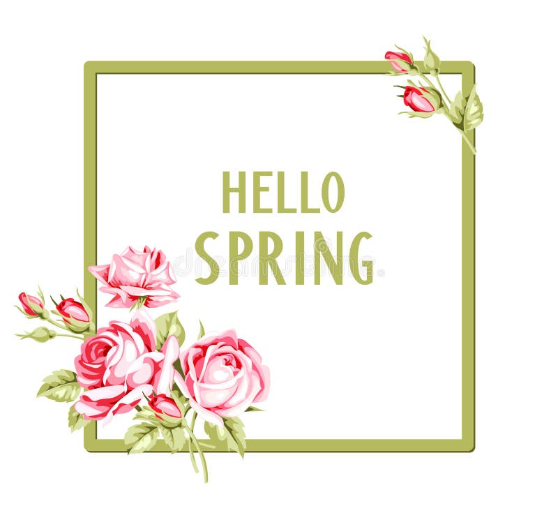 Spring Background with Pink Vintage Roses. Hello Spring Text. Floral ...