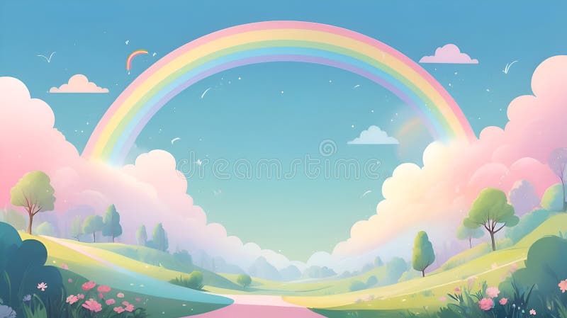 Spring Background with Rainbow, Trees, Clouds and Rainbow. Vector ...
