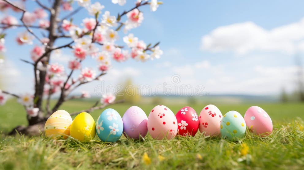 Spring Background with a Row of Easter Eggs in Green Grass and a ...
