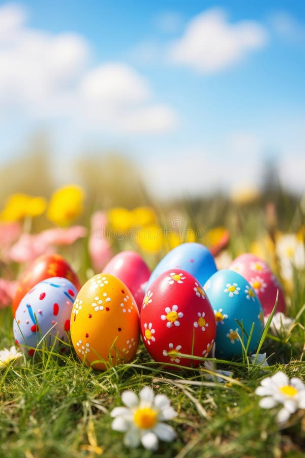 Spring Background with Sky, Clouds and Row of Easter Eggs in Green ...