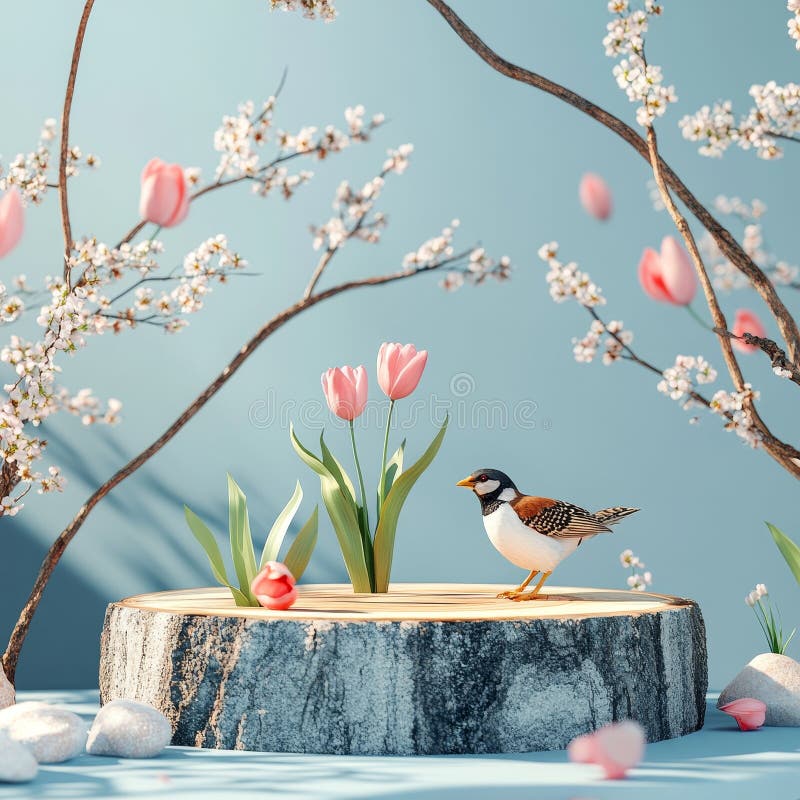 Spring Background with Spring Flowers and Birds. 3d Render Illustration ...