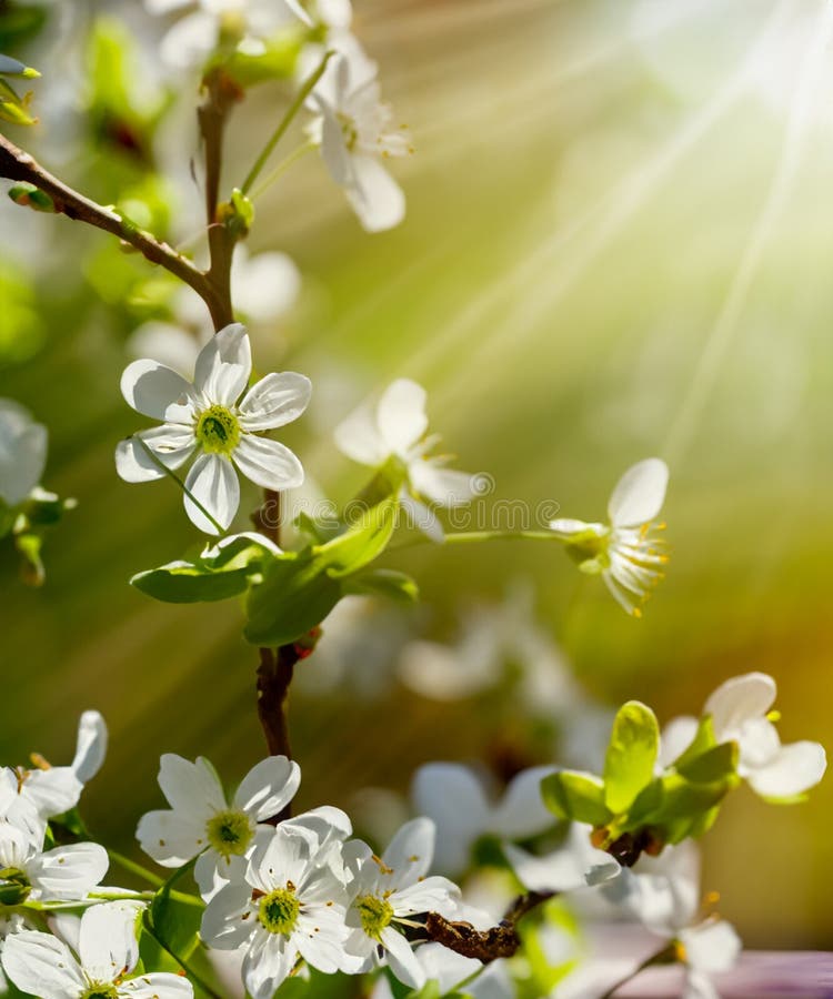 Spring Background with White Blossoms and Sunbeams in Front of a Wooden ...