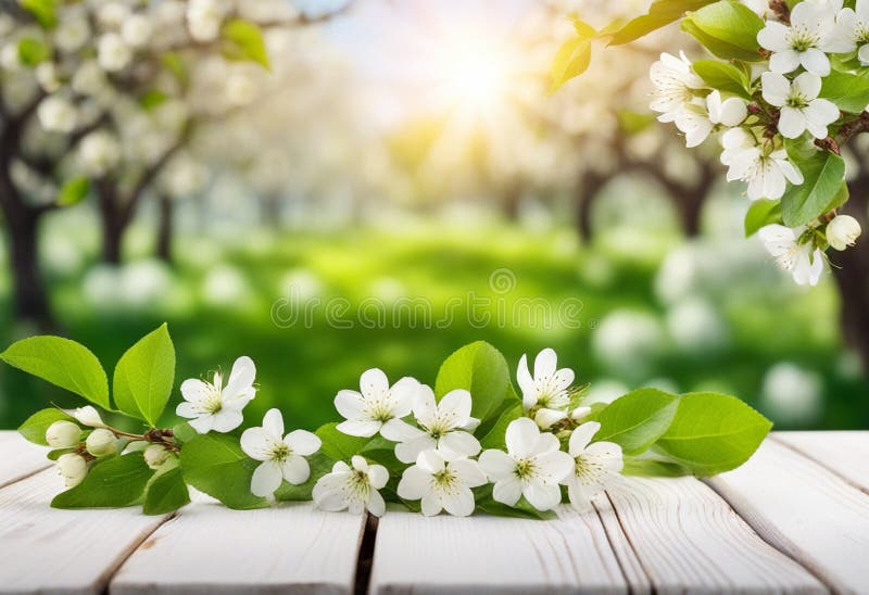 Spring Background with White Blossoms and White Wooden Table. Spring ...