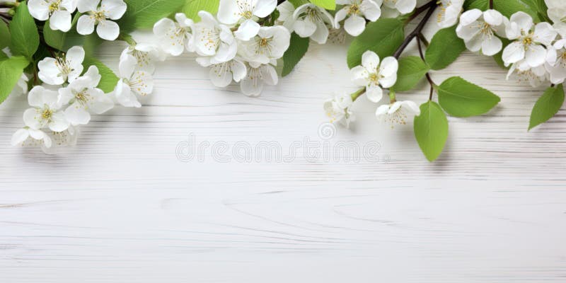 Spring Background with White Blossoms and White Wooden Table Flooring ...