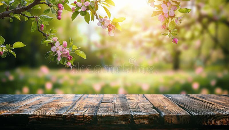 Spring Background with Wooden Table and Blurred Green Landscape ...