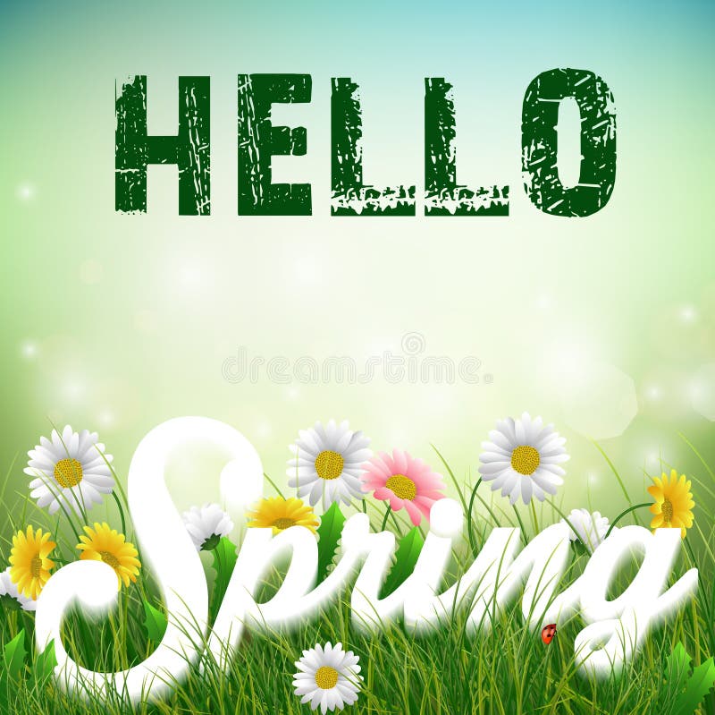 Spring Background with Word Spring in the Grass and Flowers Stock ...