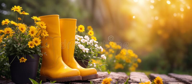 Spring Background with Yellow Rubber Boots in the Garden. AI Generative ...