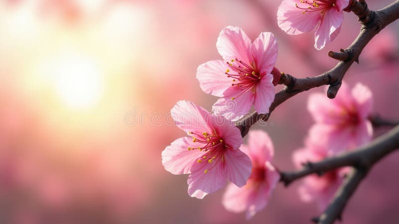 Spring Banner. Branches of Blossoming Cherry on Sunny Background. Pink ...