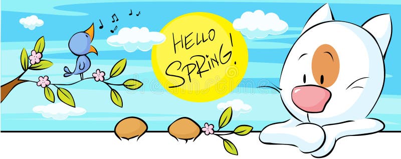 Spring Banner with Singing Bird and Cat and Flower Blossom - Vector ...