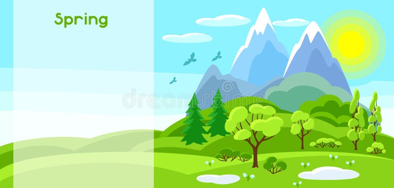 Spring Banner with Trees, Mountains and Hills. Seasonal Illustration ...
