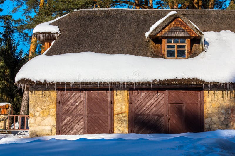 Spring Barn with Straw Roof Stock Photo - Image of exterior, fence ...