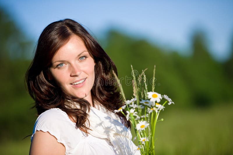 Spring - Beautiful Woman with Flowers on Sunny Day Stock Photo - Image ...