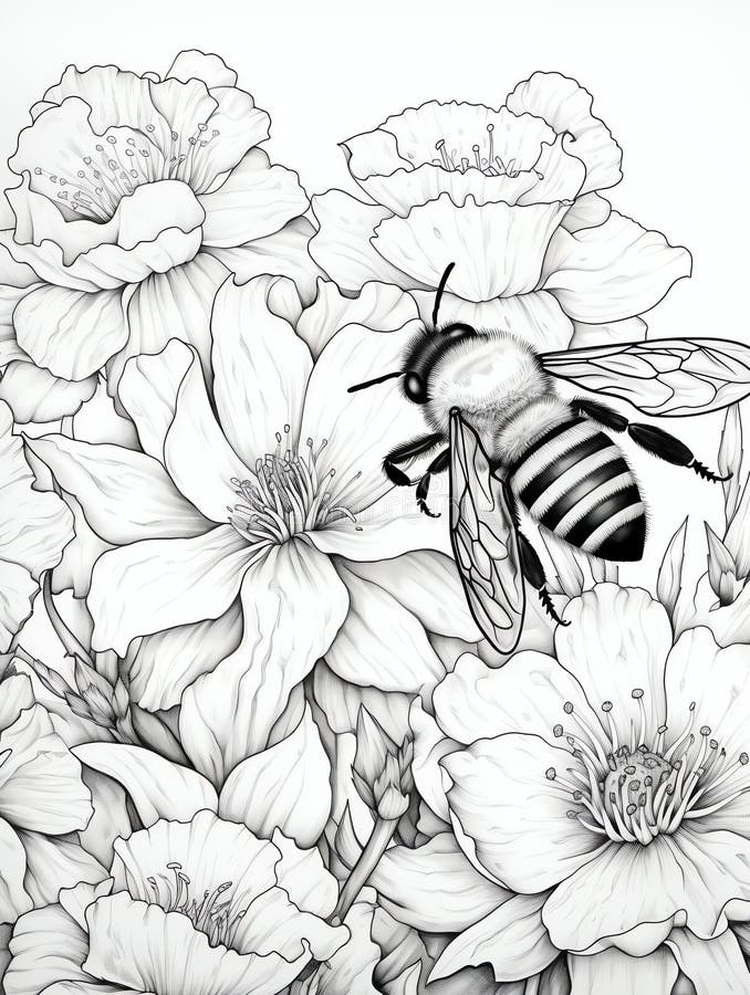 Spring Bee Collecting Nectar from a Flower Coloring Book Page in Black ...
