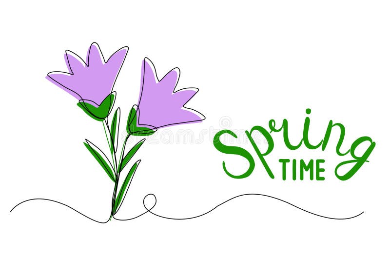 Spring Bell Shaped Flowers Line Art with Spring Time Lettering, Vector ...