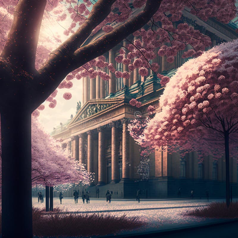Spring Berlin Ancient Architecture and Cherry Blossoms Stock ...