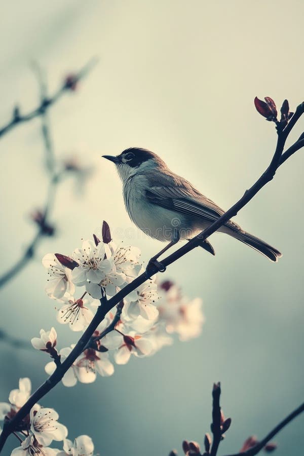 Spring Bird on Blossoming Branch Stock Illustration - Illustration of ...
