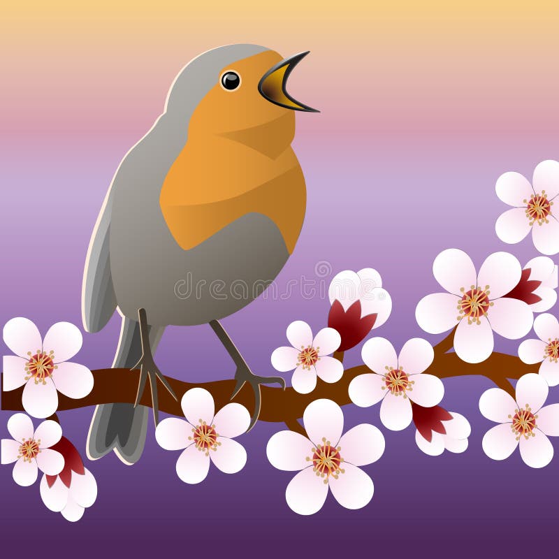 Spring Bird Sitting on Flowering Branch. Vector Illustrations Stock ...