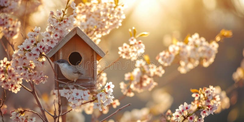 Spring Birdhouse with Spring Cherry Blossom Background Stock Image ...