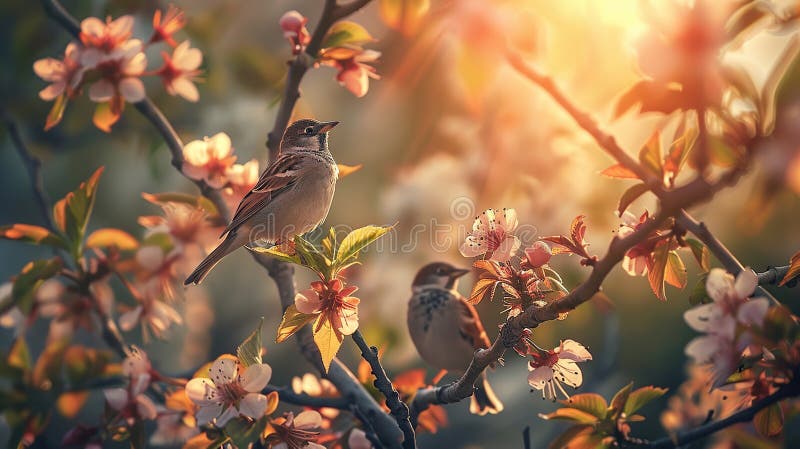 Sparrows on Blooming Lilac Branch with Beautiful Flowers in Spring ...