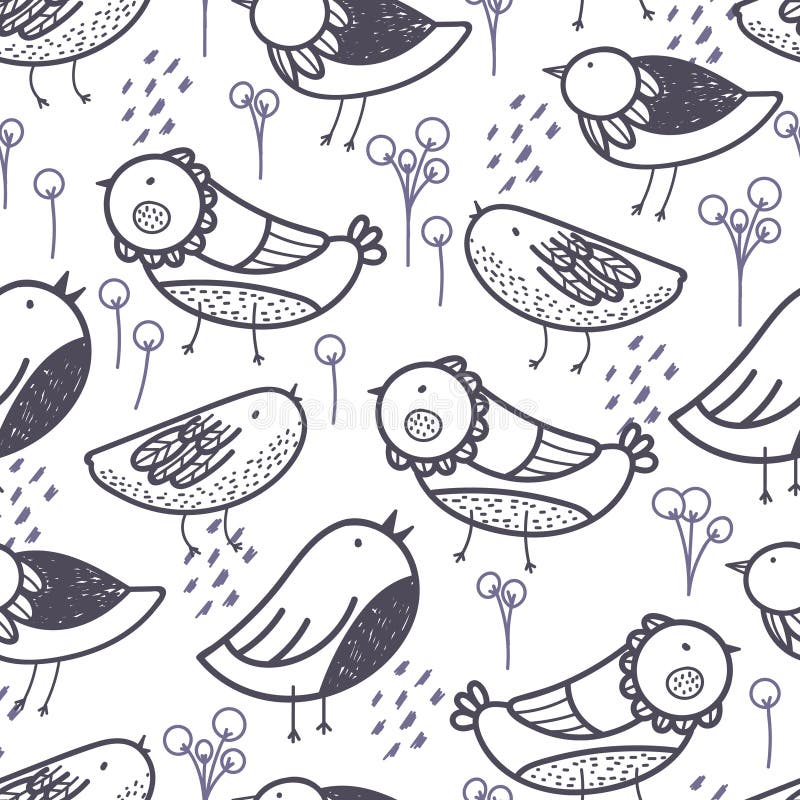 Spring Birds Hand Drawn Seamless Pattern Stock Illustration ...