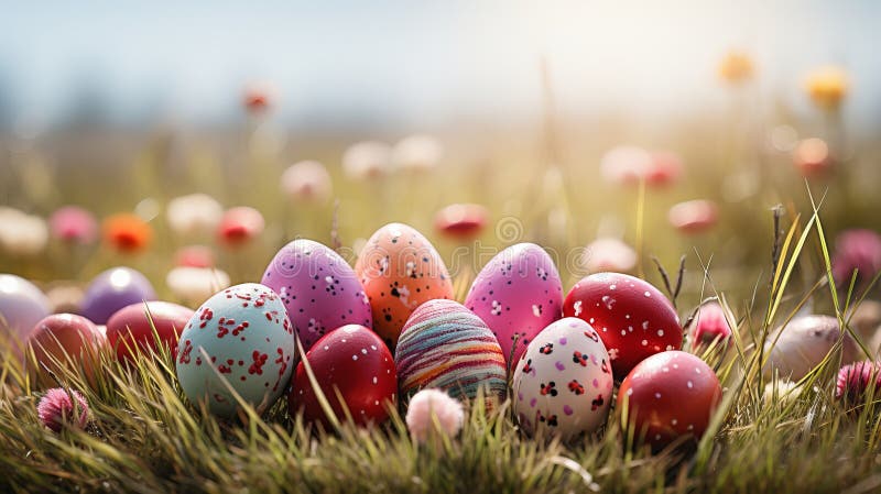 Spring Blooming Meadows with Warm Sunlight and Easter Eggs in the Grass ...