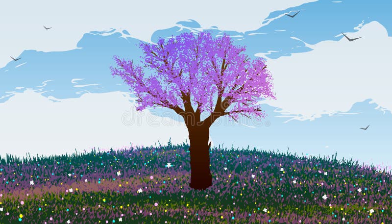 Spring. Cartoon Blossoming Trees on the Field with Flowers, Clouds, and ...