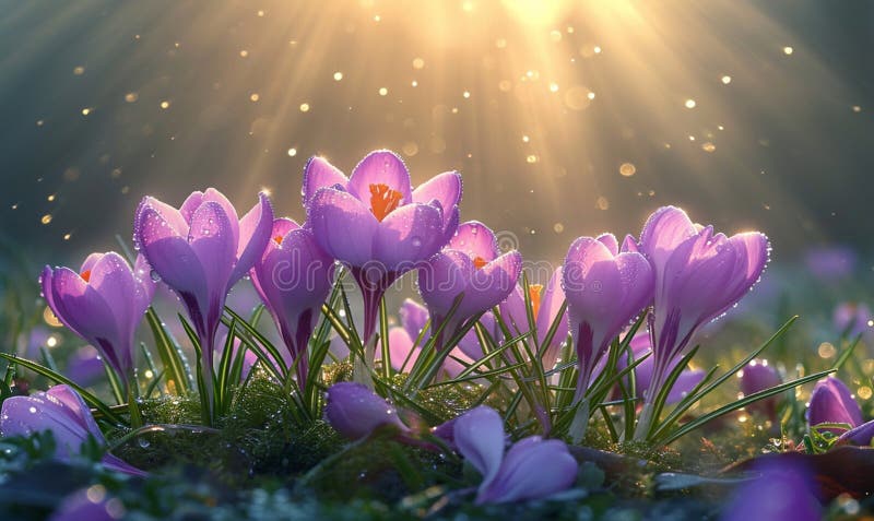Spring Blooming: Vector Illustration of Crocus with Bokeh Background ...
