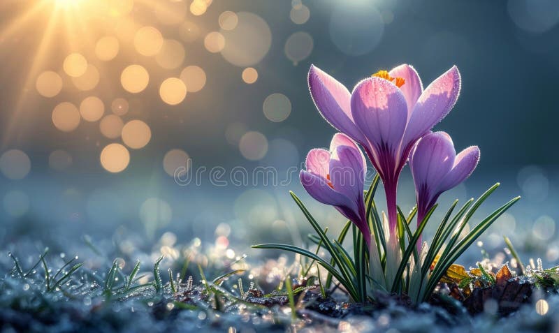 Spring Blooming: Vector Illustration of Crocus with Bokeh Background ...