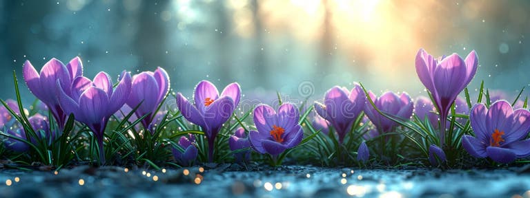 Spring Blooming: Vector Illustration of Crocus with Bokeh Background ...