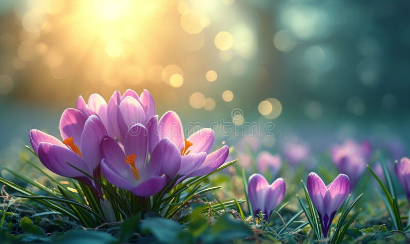 Spring Blooming: Vector Illustration of Crocus with Bokeh Background ...