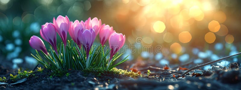 Spring Blooming: Vector Illustration of Crocus with Bokeh Background ...