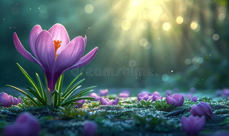 Spring Blooming: Vector Illustration of Crocus with Bokeh Background ...
