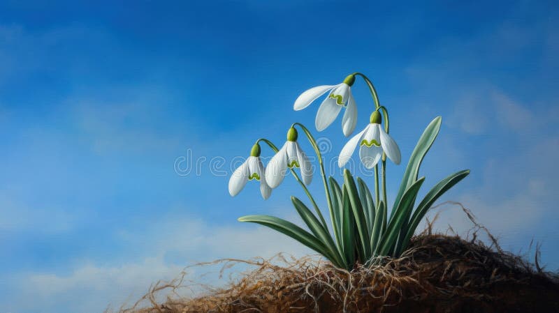 Spring Blooms, Snowdrops Cluster Under Sunny Spring Sky, Casting Gentle ...