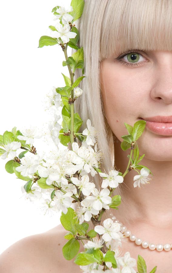 Beautiful Girl with Spring Flowers in Hair Stock Photo - Image of lips ...