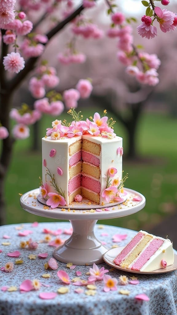 Spring Blossom Cake with Pink and Cream Layers Under Cherry Blossom ...