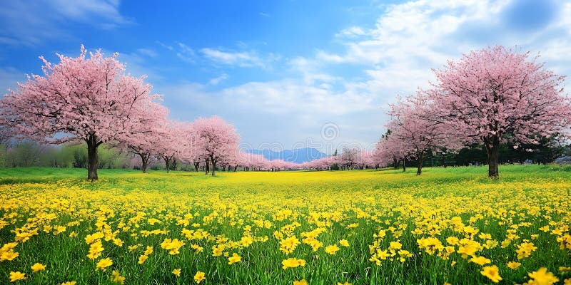 Spring Blossom Field Vibrant Yellow and Pink Landscape Stock ...