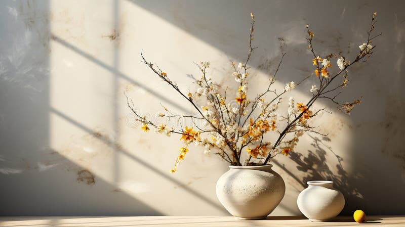 Spring Blossom Flowers Bouquet in Vase on Table, Shadows on Wall, Copy ...
