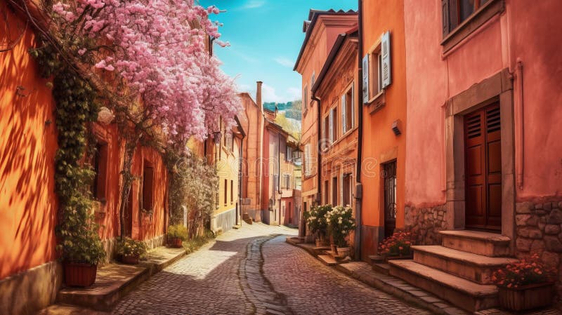 Spring Blossom in the Narrow Streets of a Medieval Town Stock ...