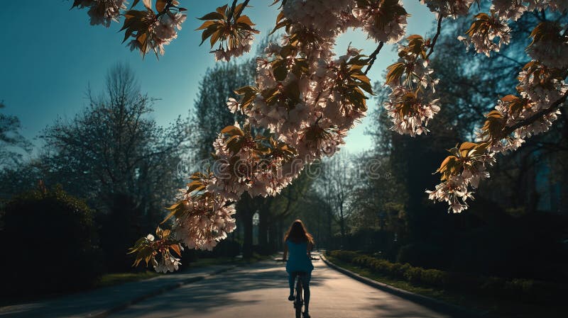 Spring Blossom Pathway: a Cyclist Enjoys a Peaceful Park Ride Stock ...