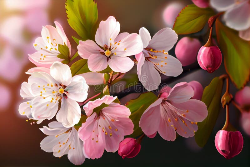 Spring Blossom, Pink Buds and Flowers on Tree Branch. Close Up View ...