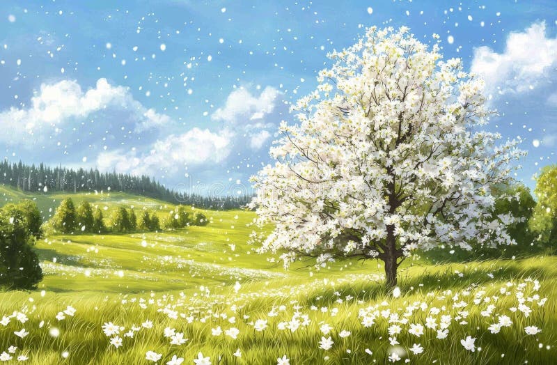 Spring with Blossoming Trees in a Fairy Tale Landscape Stock ...