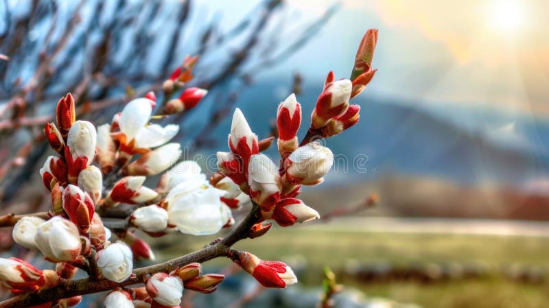 Spring Blossoms on Branch with Mountain Landscape at Sunrise Stock ...
